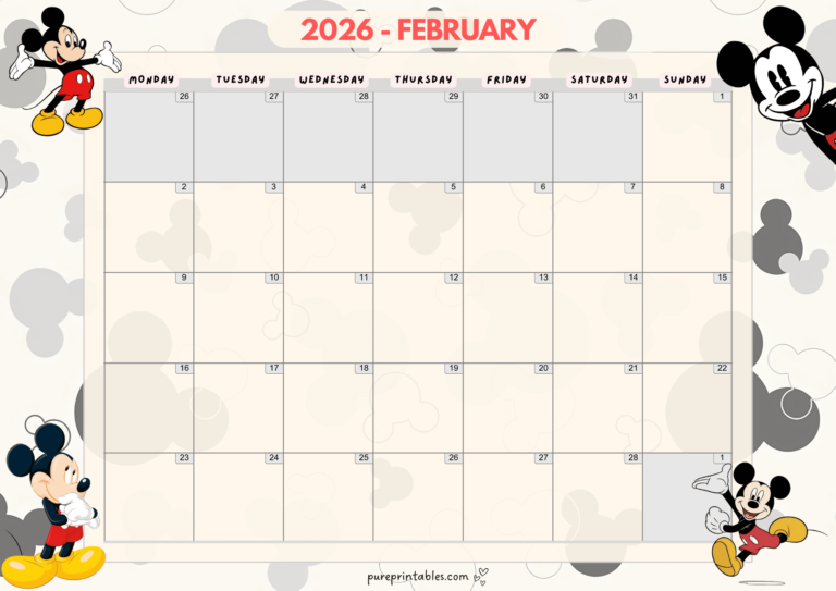 Mickey Mouse Calendar 2026 February - PurePrintables.Com