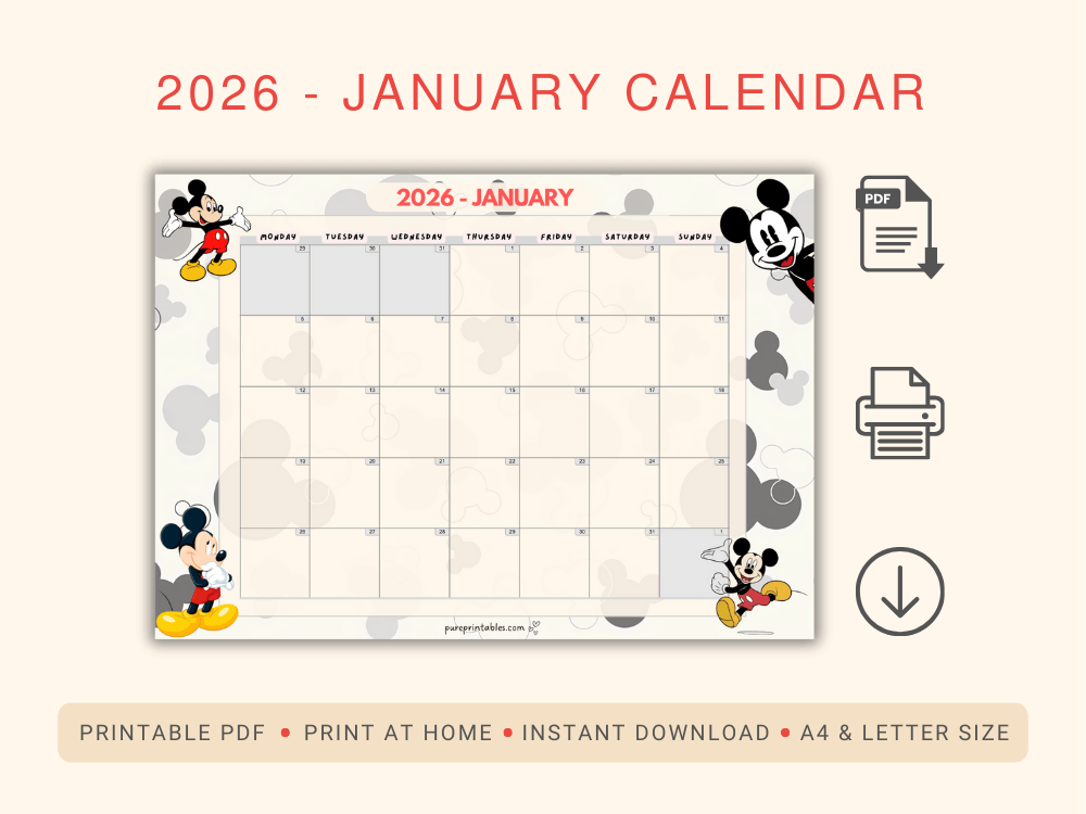 Mickey Mouse Calendar 2026 January - PurePrintables.Com