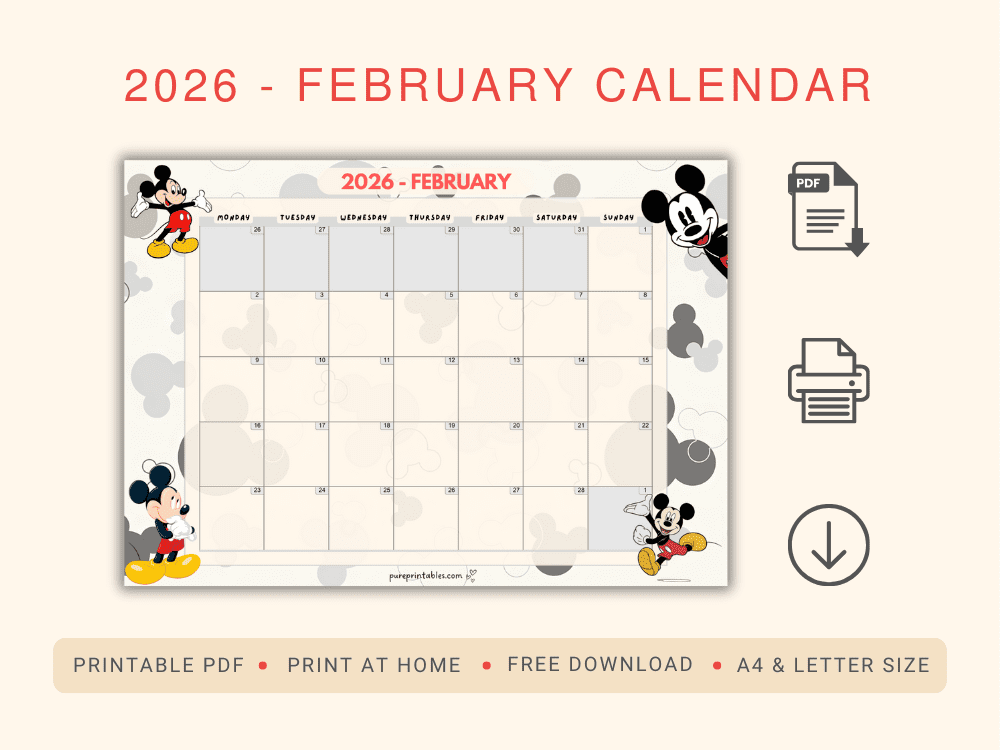 Mickey Mouse Calendar 2026 February - PurePrintables.Com