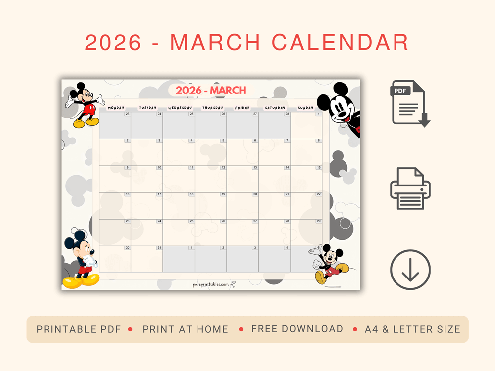 Mickey Mouse Calendar 2026 March - PurePrintables.Com