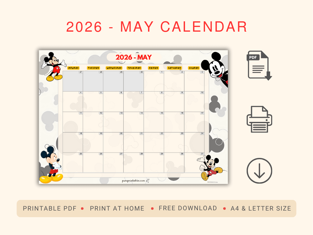 Mickey Mouse Calendar 2026 May - PurePrintables.Com